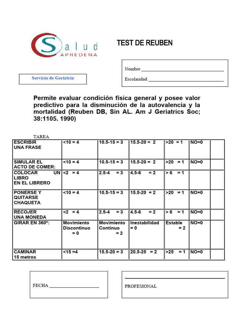 Test de Reuben para Evaluación Geriátrica | PDF