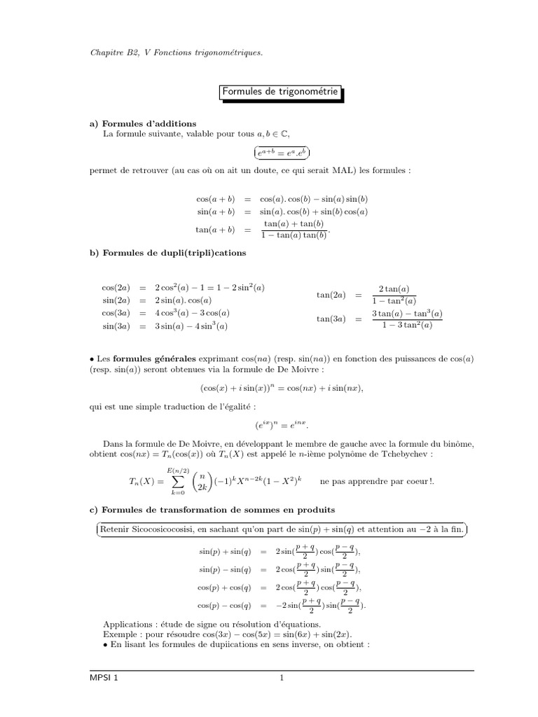 Formules de Trigonométrie Essentielles | PDF | Cercle | Fonction ...