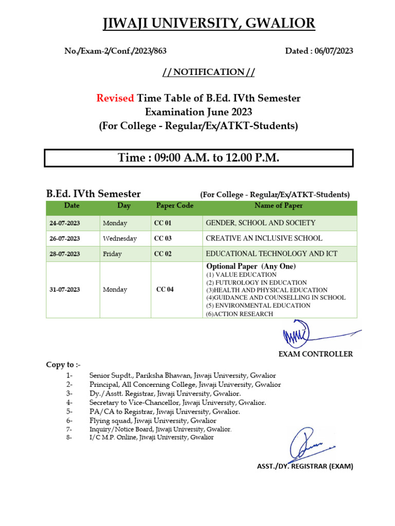 Revised Time Table of B.ed. IVth Semester (For College - Regular - Ex & ATKT-Students) Exam June ...