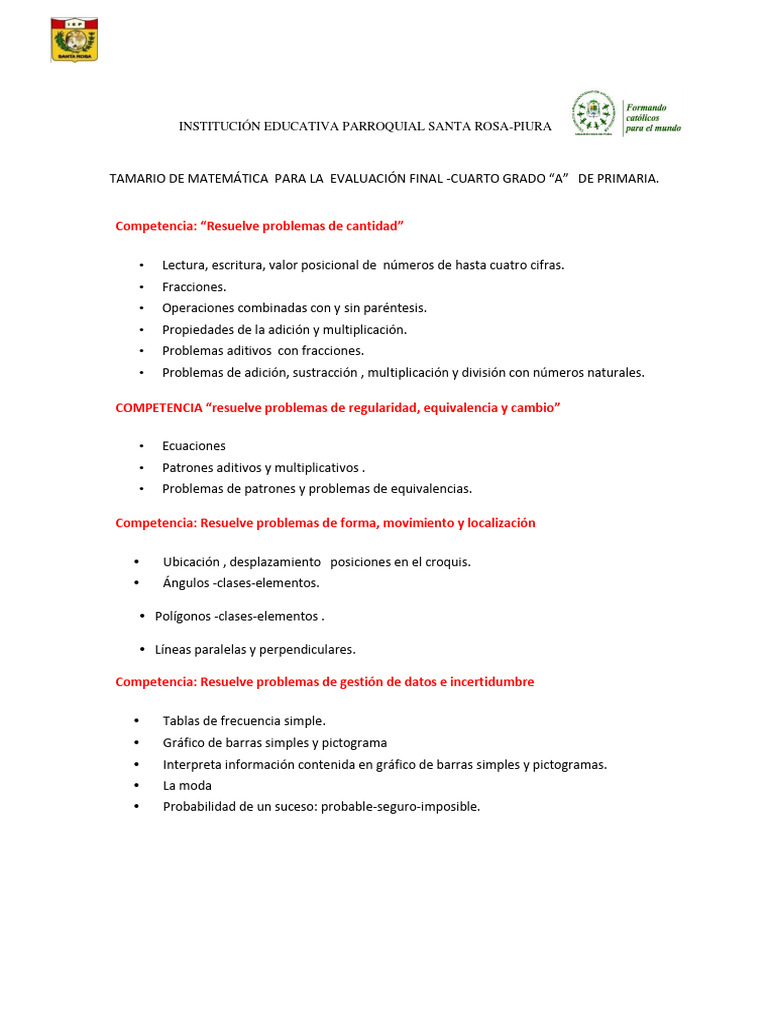 Tamario de Matemática para La Evaluación Final | PDF