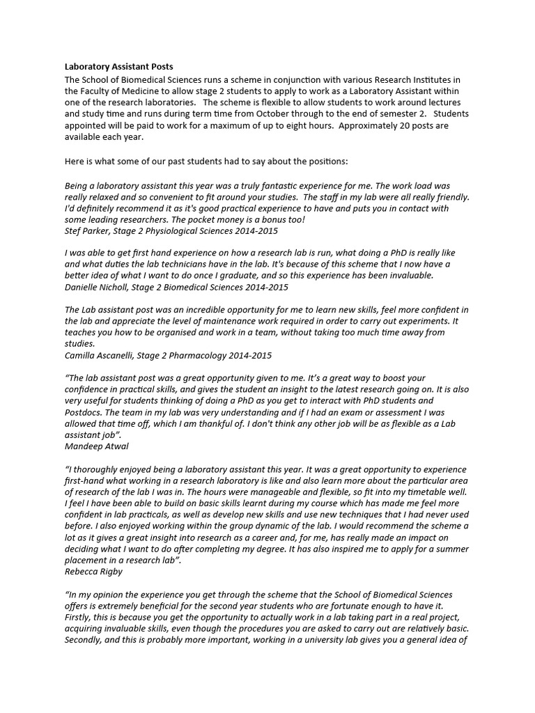 Laboratory Assistant Posts | PDF | Laboratories | Internship Laboratory Assistant Posts | PDF | Laboratories | Internship