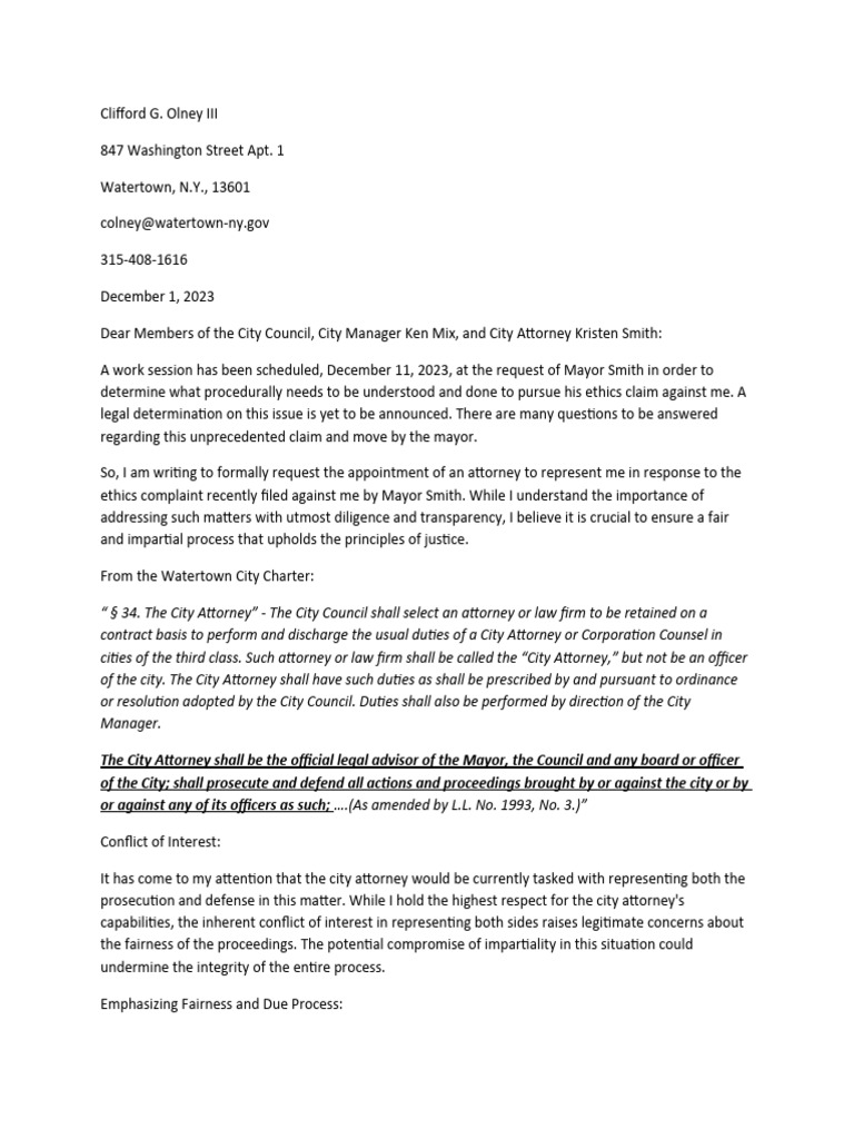 Councilman Cliff Olney - Formal Request For Legal Representation by The ... Councilman Cliff Olney - Formal Request For Legal Representation by The ...