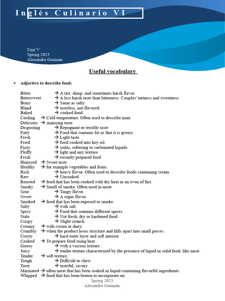 Essential Food Descriptive Vocabulary | PDF | Taste | Smoking (Cooking)