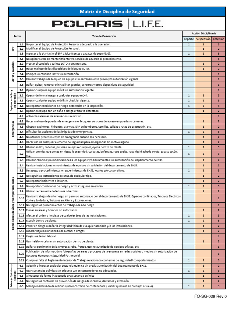 Matriz Disciplinaria de Seguridad Laboral | PDF