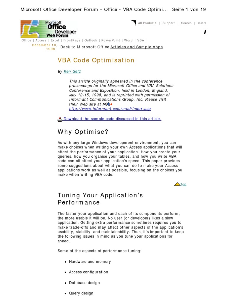 Office Vba Code Optimization Pdf Subroutine Visual Basic For Applications