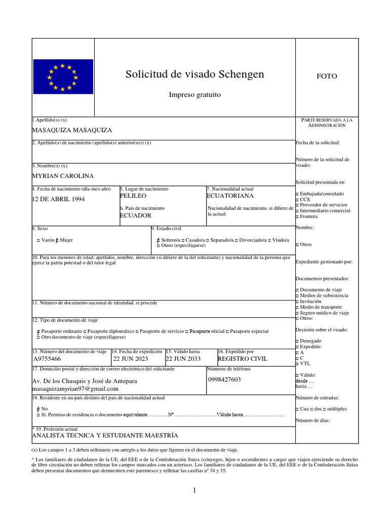 Formulario Solicitud de Visado Schengen Formulario Myr Masaquiza | Descargar gratis PDF | Visa ...