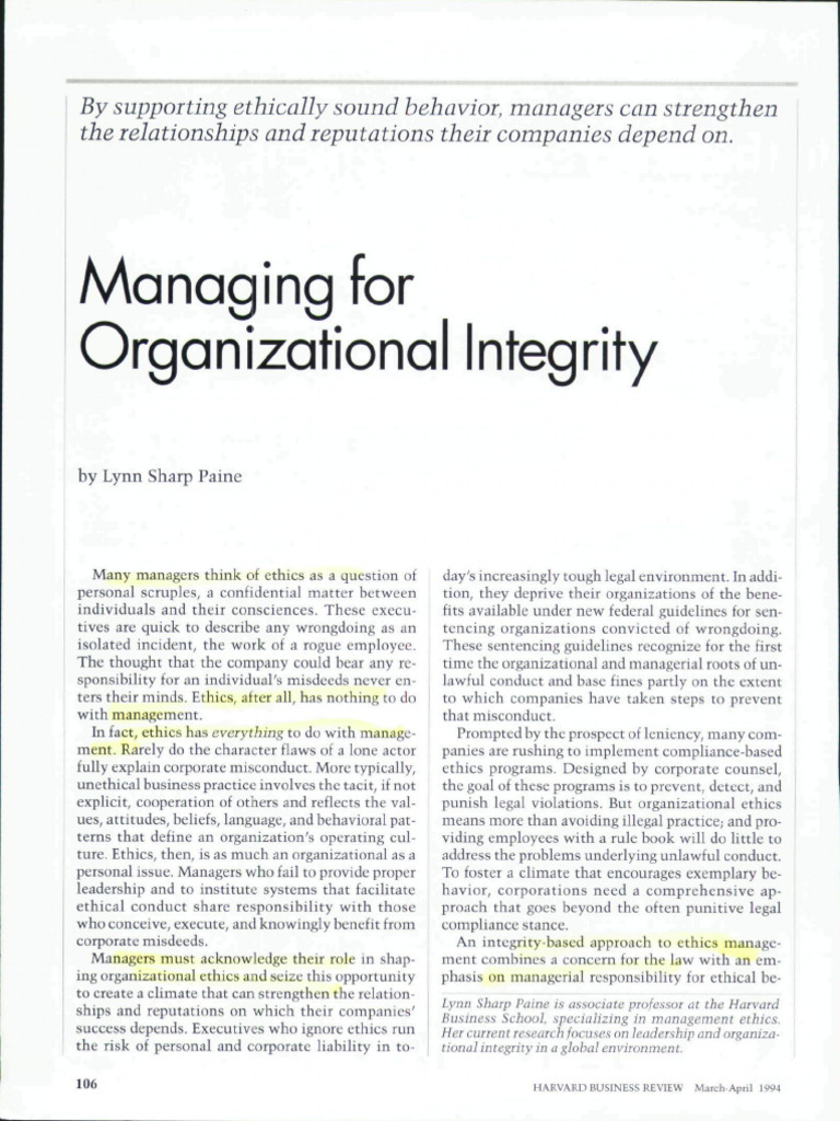 Managing For Organizational Integrity | PDF | Integrity | Regulatory ... Managing For Organizational Integrity | PDF | Integrity | Regulatory ...