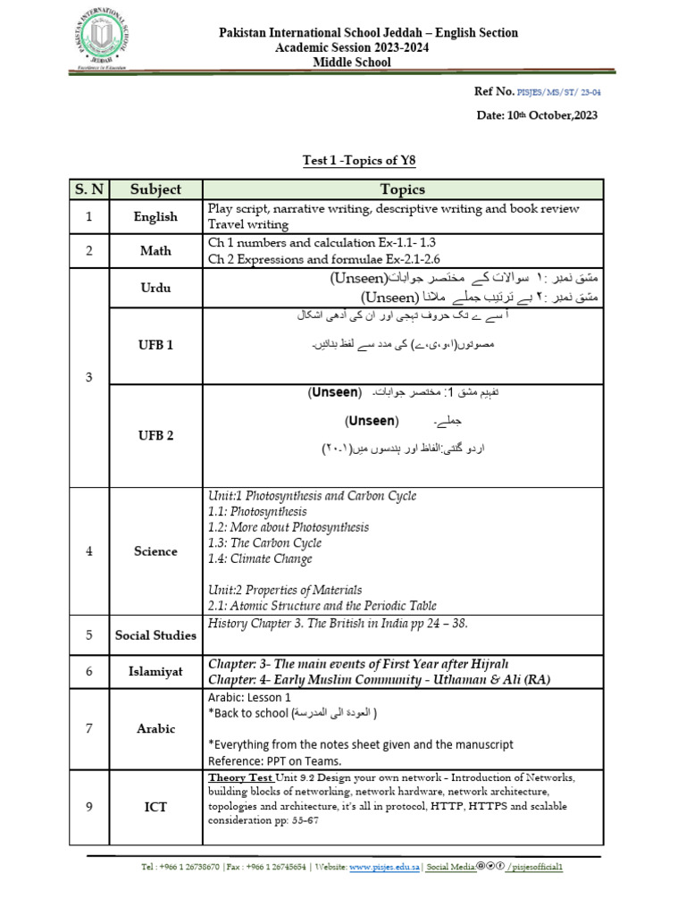 Y8 - Test 1 - Topics & Test Schedule | PDF