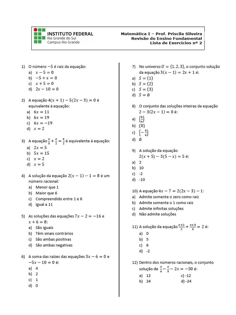 Equações de 1º Grau - Lista 2 | PDF | Equações | Álgebra