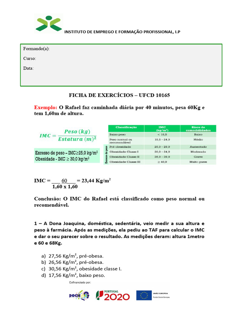 Ficha de Exercícios IMC | PDF | Bem-estar | Ciências e Matemática
