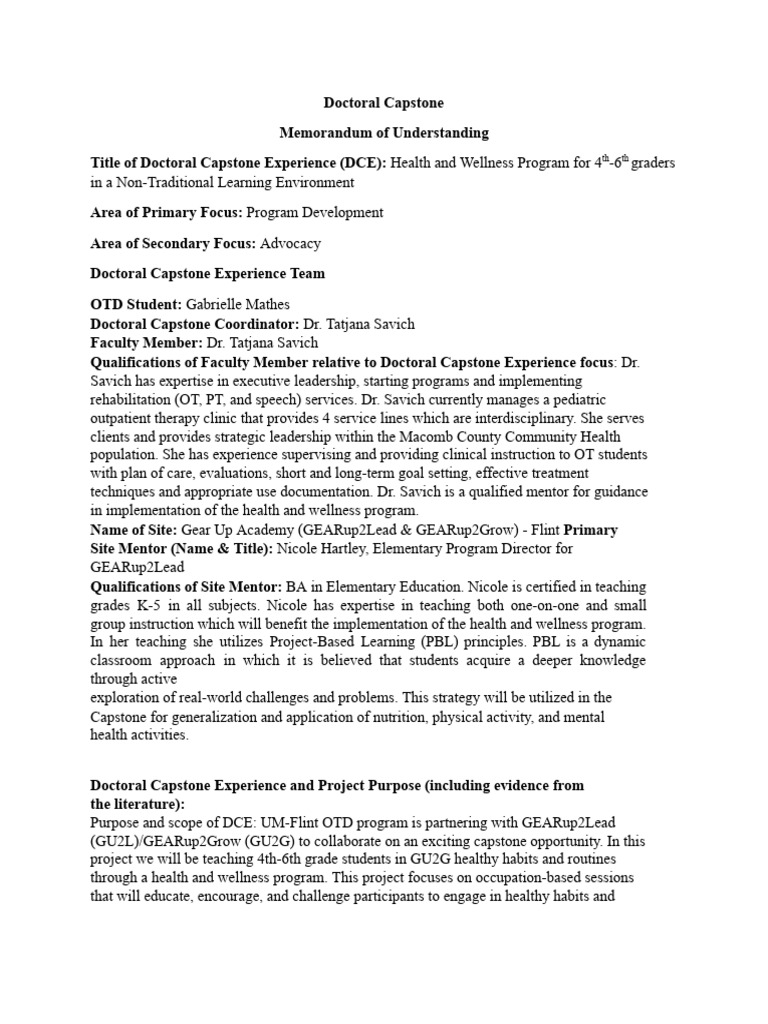 Capstone Project Plan | PDF | Behavior | Occupational Therapy