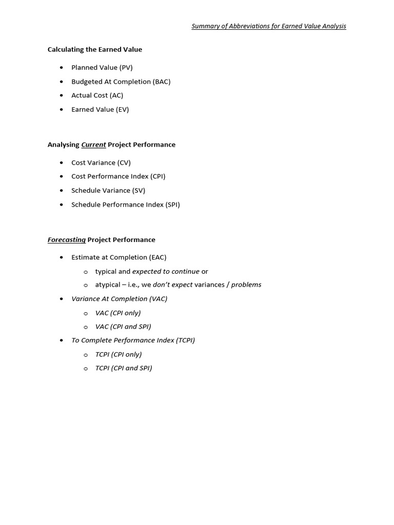 Abbreviations for Earned Value Analysis | PDF