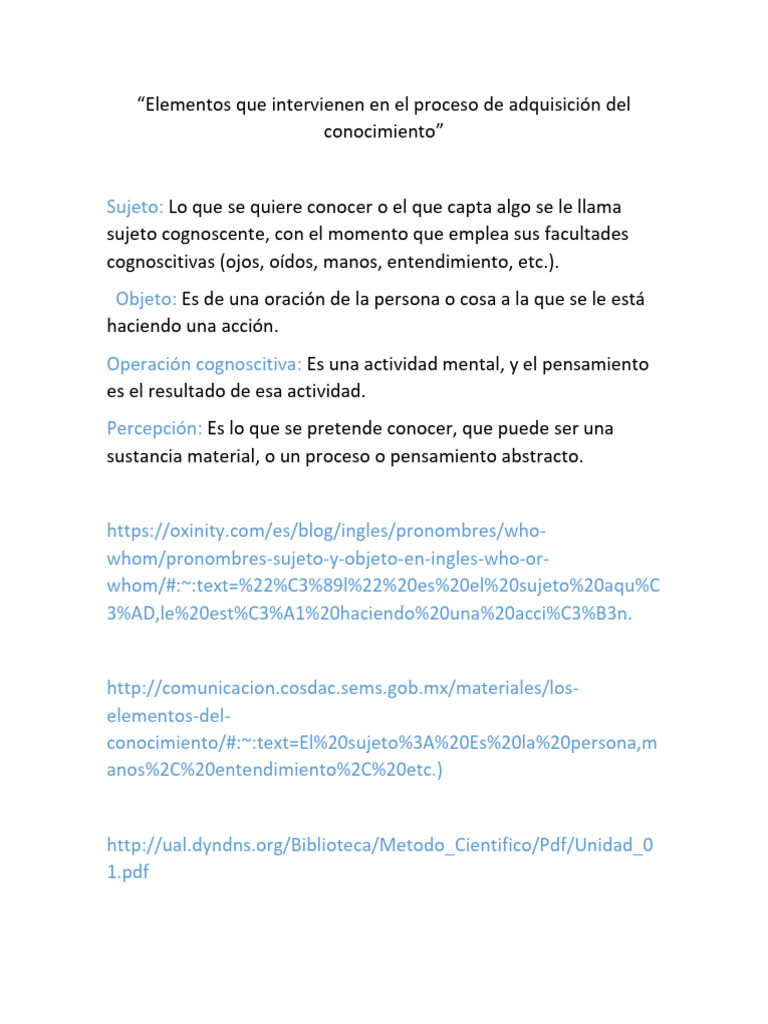 Elementos que intervienen en el proceso de adquisición del conocimiento | PDF