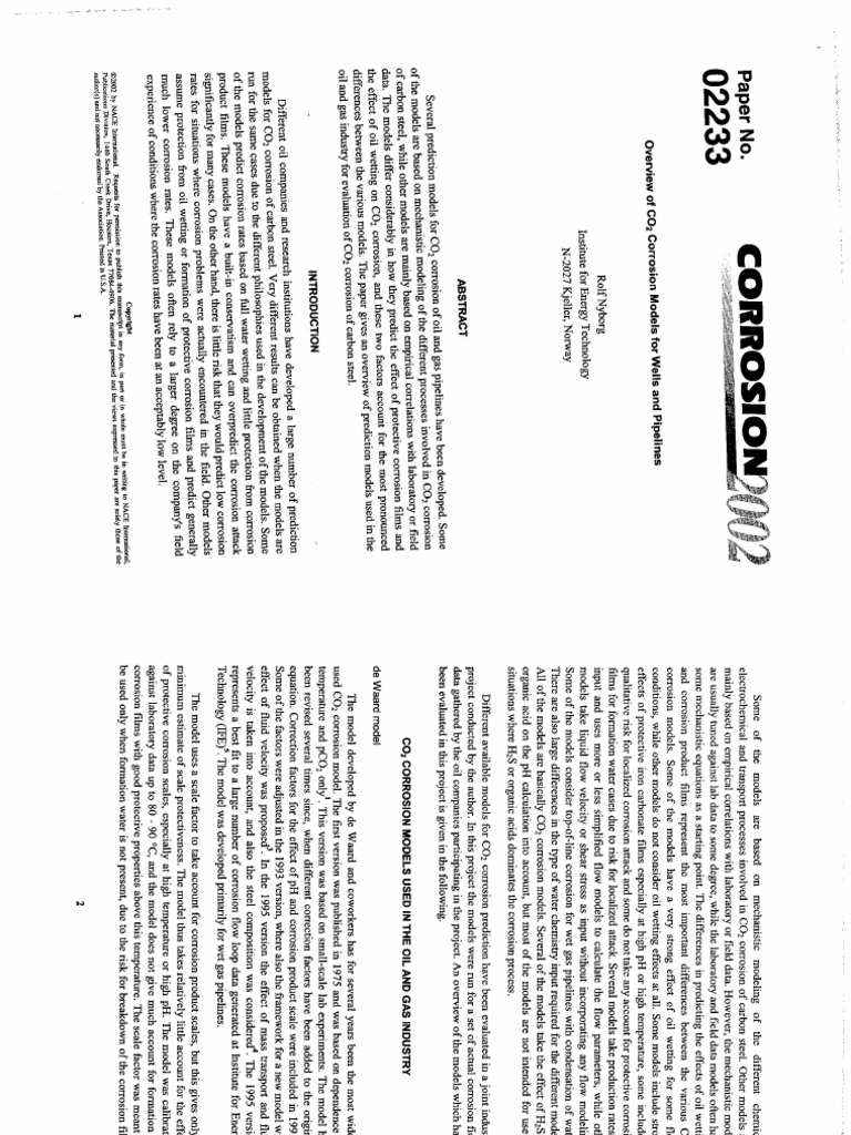 Overview of Co2 Corrosion Models For Wells and Pipelines | PDF