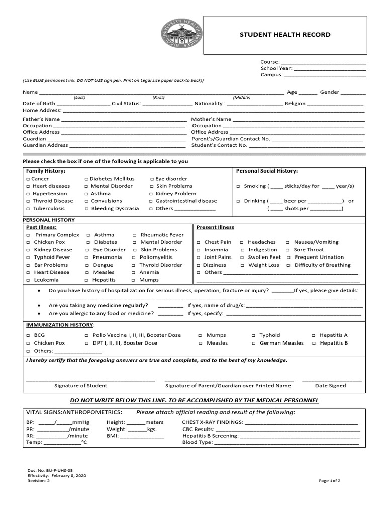 Ateneo Student Health Record Form | PDF | Physical Examination | Immunology