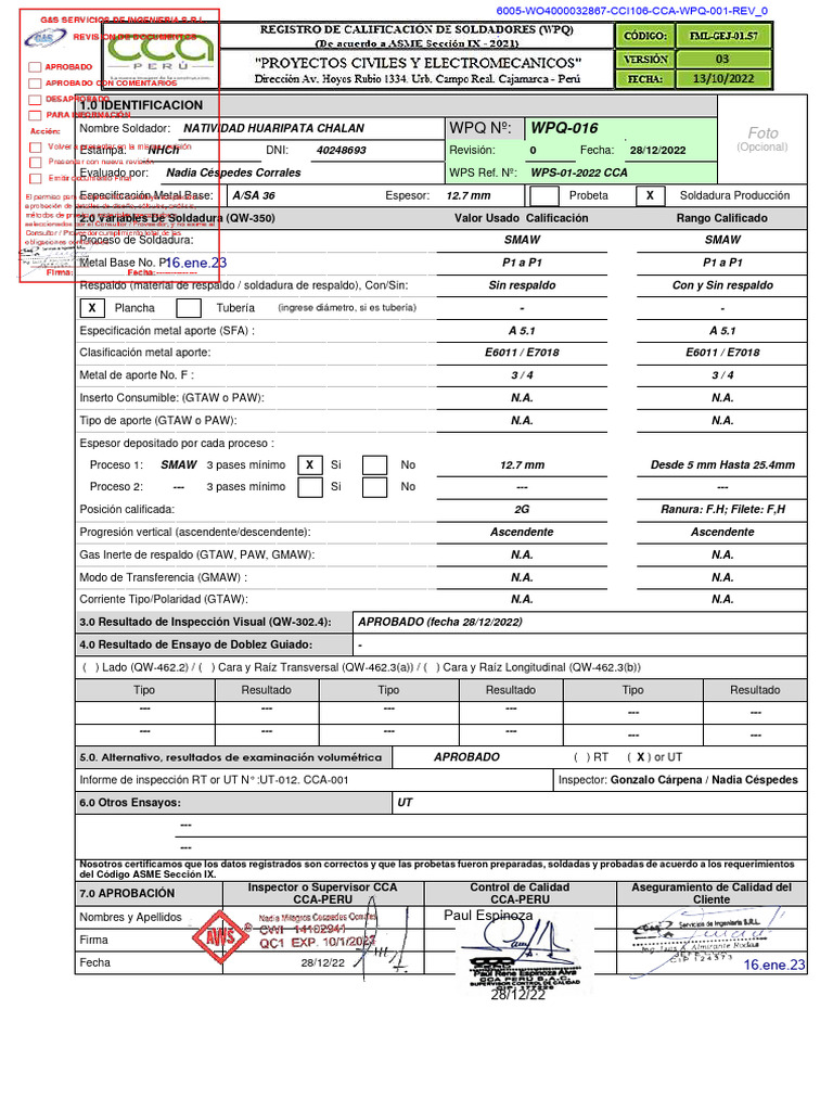 WPQ-016 - Natividad Huaripata-Asme Ix - 2G | PDF | Construcción | Soldadura