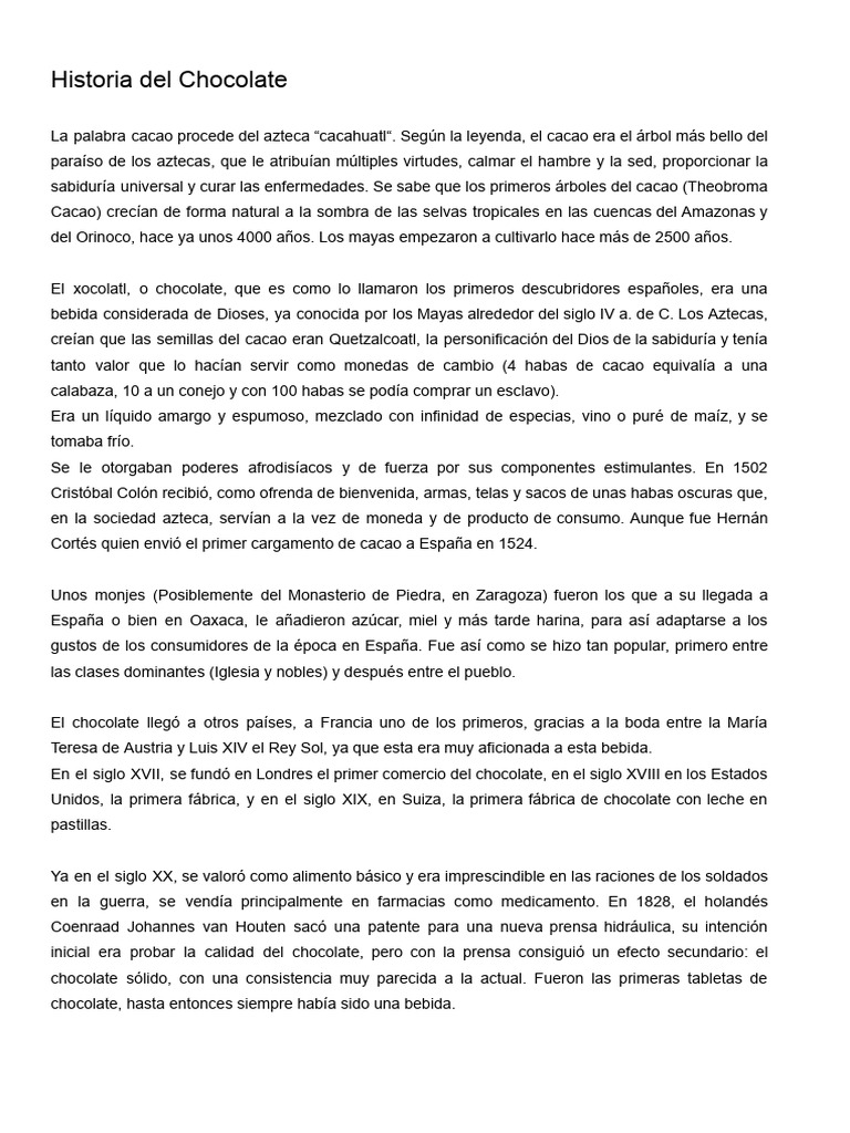 Historia Del Chocolate | PDF | Theobroma | Comida y bebida