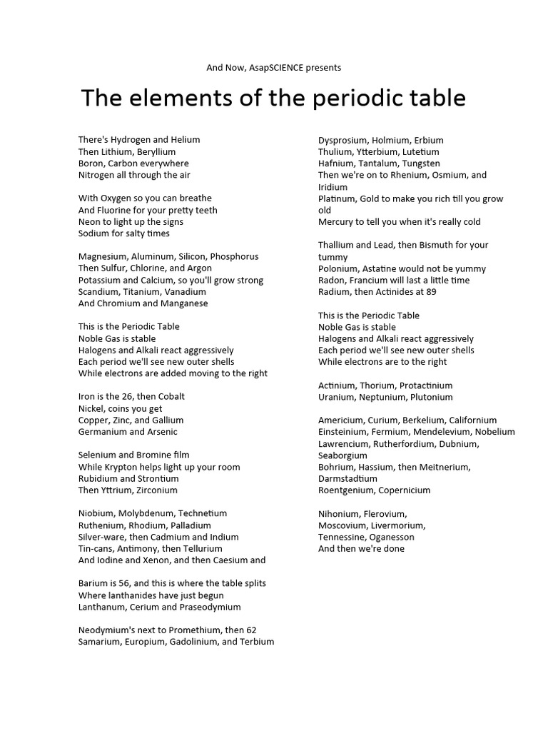 AsapSCIENCE Periodic Table Song Lyrics | PDF | Periodic Table | Metals