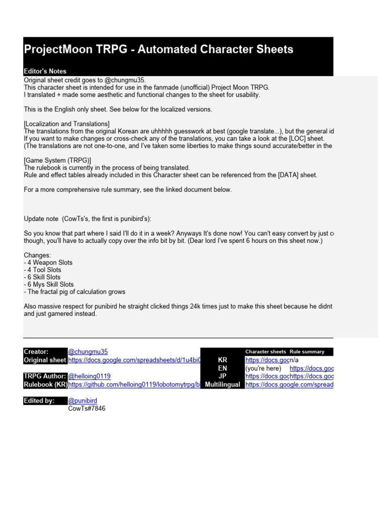 ProjectMoon TRPG Character Sheets | PDF