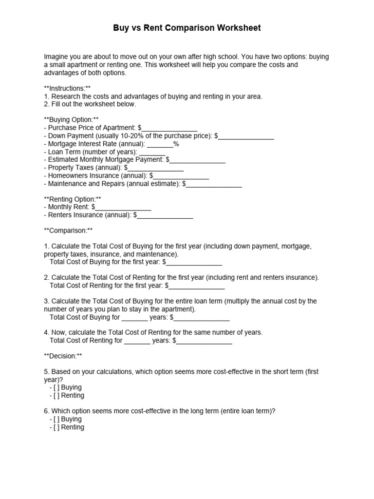 Buy vs Rent Cost Comparison Worksheet | PDF | Finance & Money Management