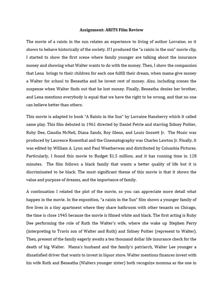A Raisin in The Sun Film - Assignment | PDF
