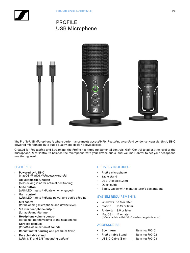 Profile USB Microphone Spec Sheet | PDF | Microphone | Usb