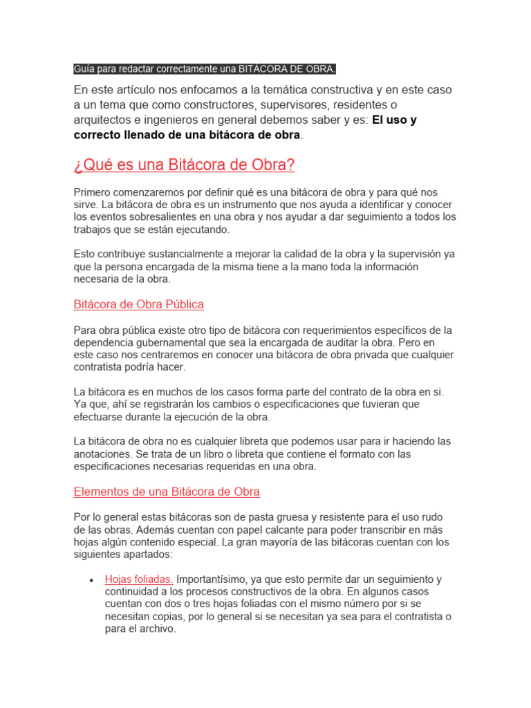 Guía para Redactar Correctamente Una BITÁCORA DE OBRA | PDF | Informática