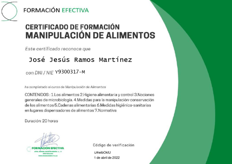 Certificado - PDF Manipulación de Alimentos | PDF Certificado - PDF Manipulación de Alimentos | PDF