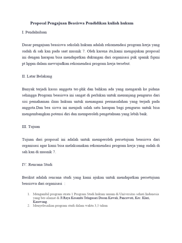 Proposal Pengajuan Beasiswa Pendidikan Kuliah Hukum | PDF