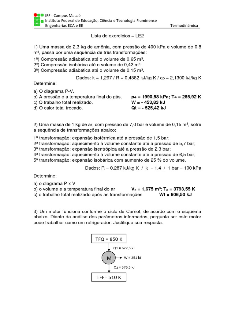 Lista de Exercícios - LE2 | PDF | Geladeira | Mecânica Clássica