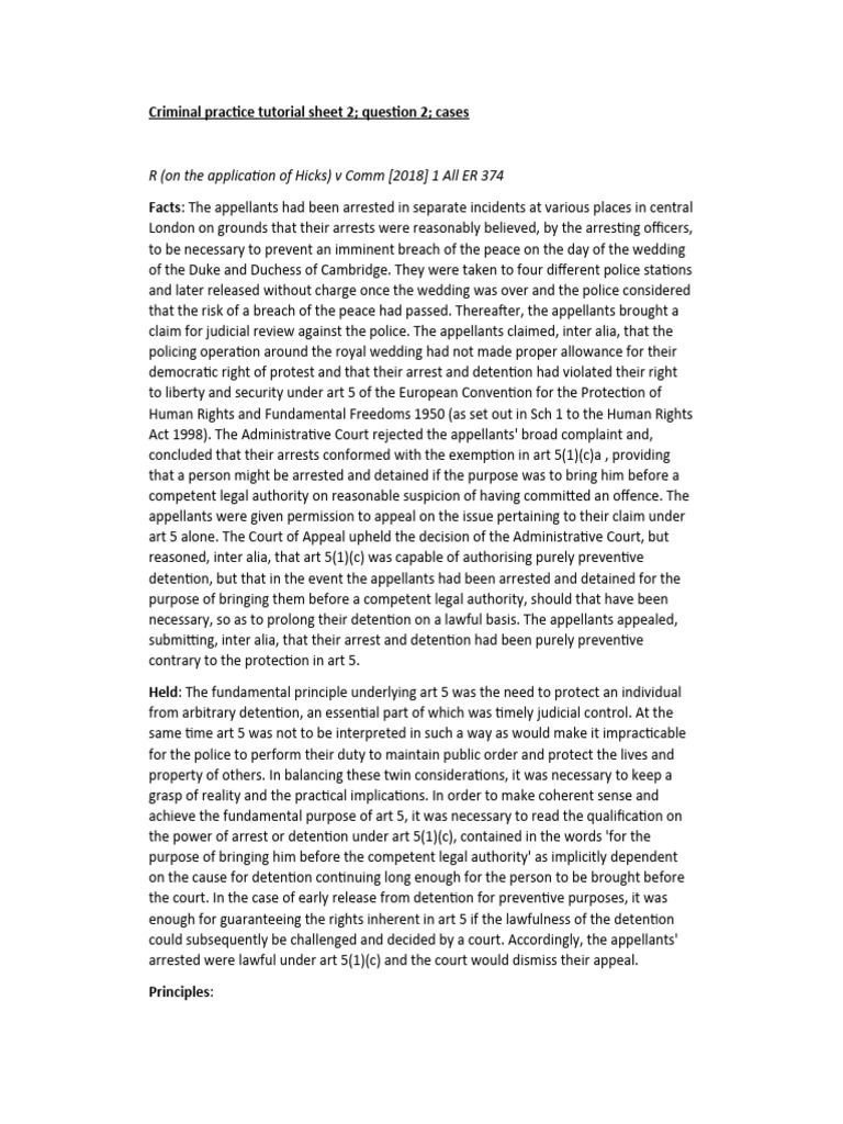Criminal Practice Tutorial Sheet 2 Cases | PDF | Arrest | Detention (Imprisonment)