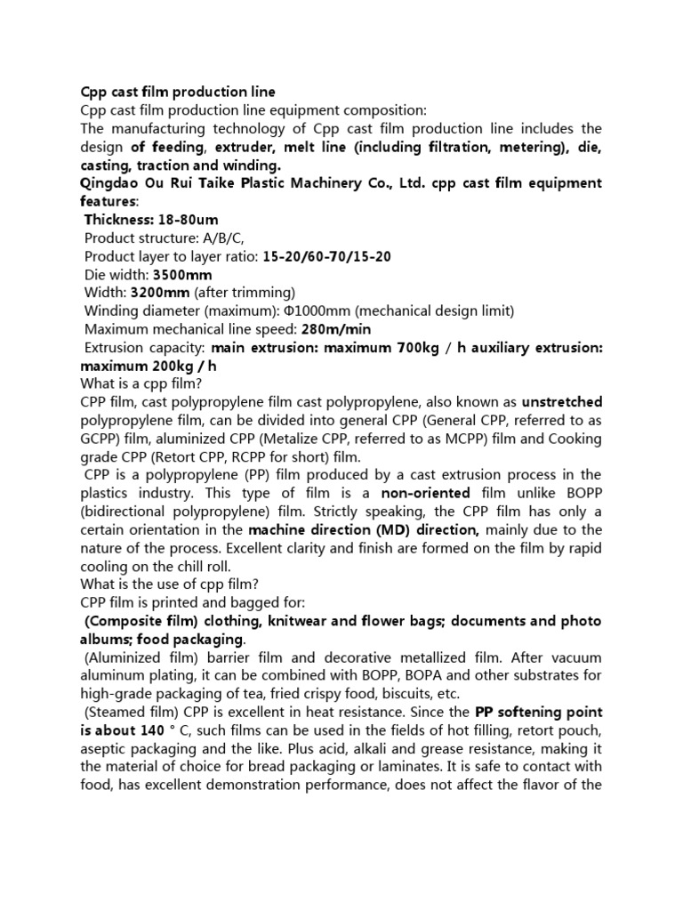 CPP Cast Film Production Line | PDF | Copolymer | Polymers