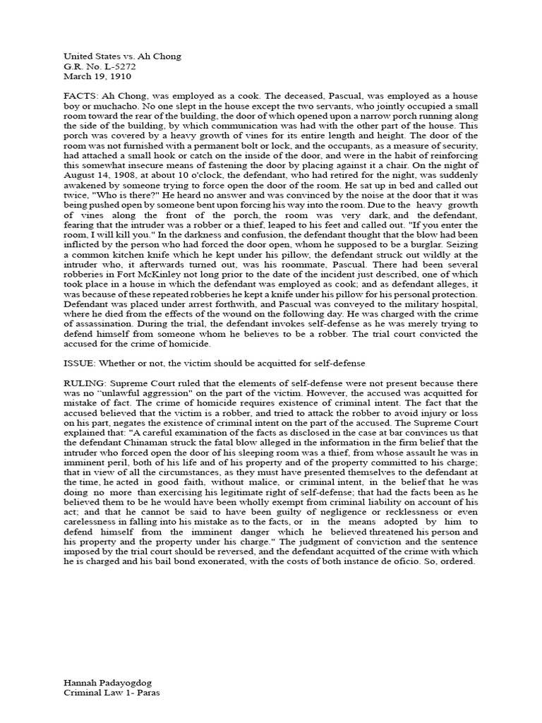 Self-Defense Ruling in Ah Chong Case | PDF | Robbery | Recklessness (Law)