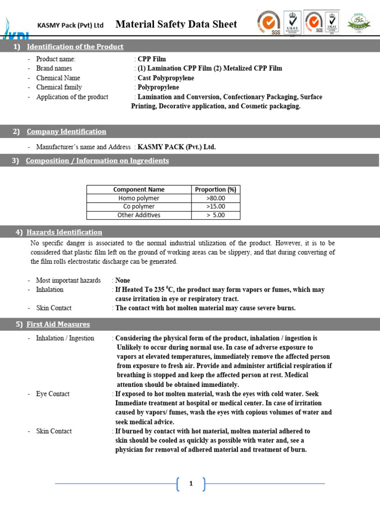 CPP Film Safety Data Sheet | PDF | Water | Fires