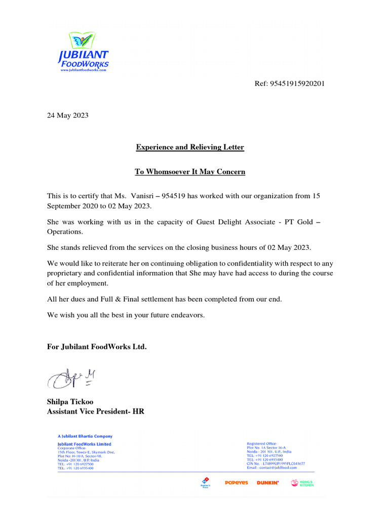 Experience and Relieving Letter | PDF