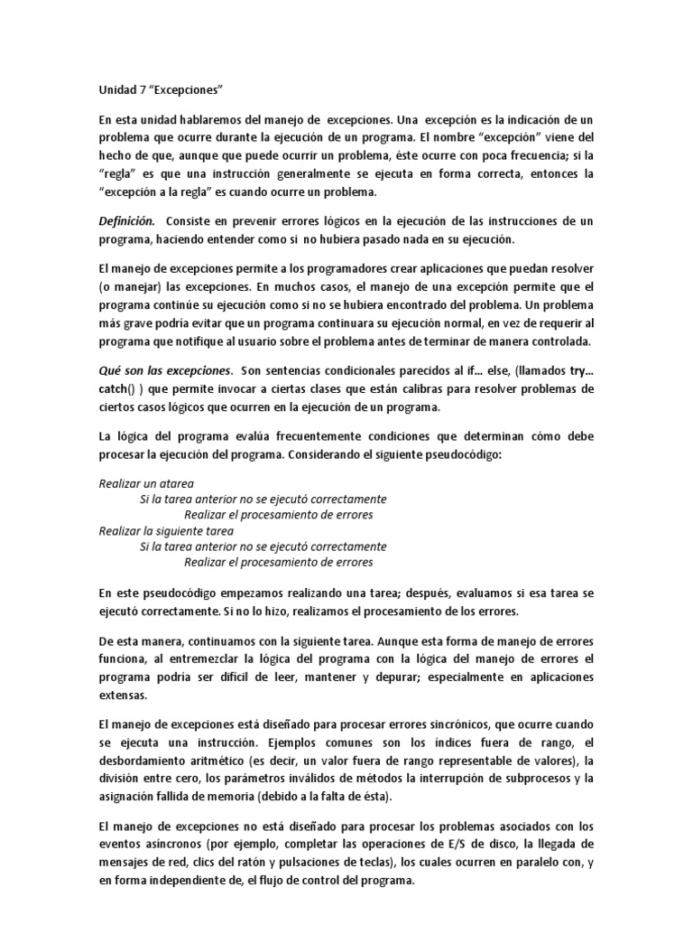 Unidad 7 Excepciones | PDF | Programa de computadora | Programación