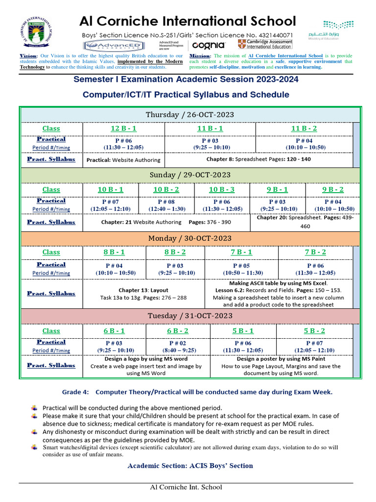 Practical Syllabus and Schedule Semester I SESSION 2023-2024 | PDF ...