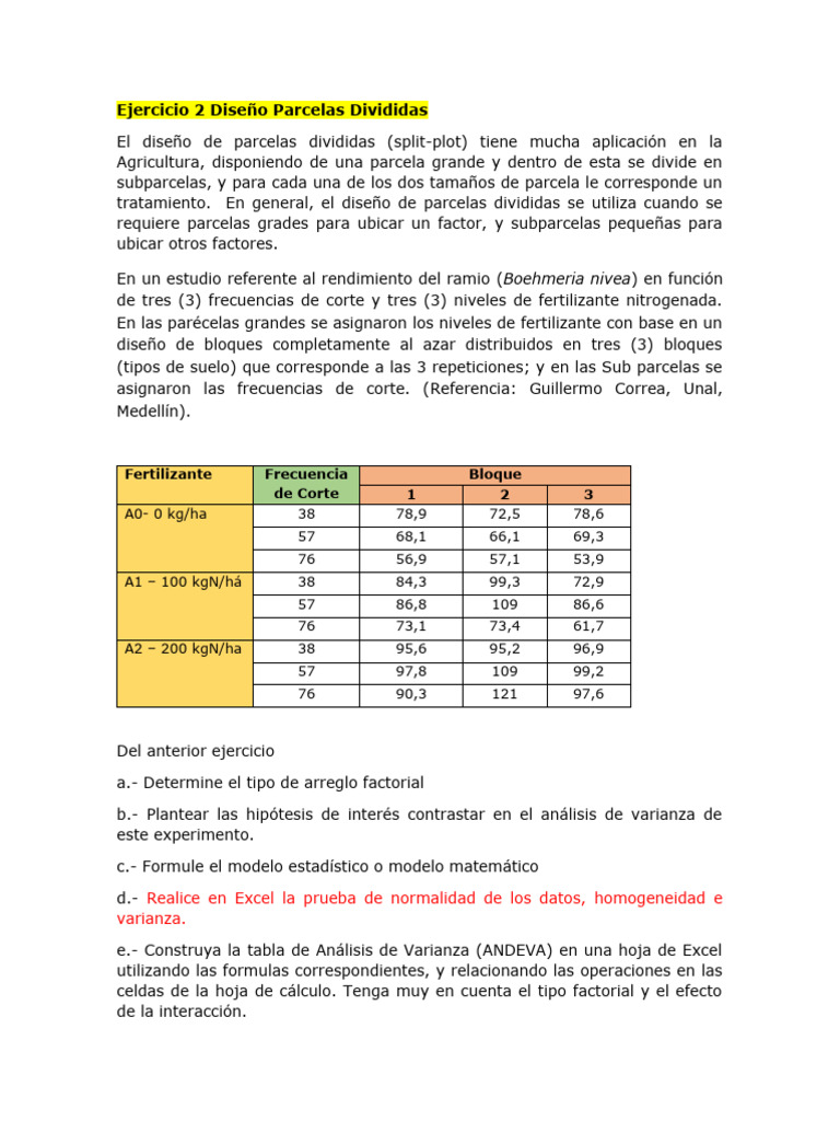 Ejercicio 2 Diseño Parcelas Divididas | PDF | Análisis estadístico ...