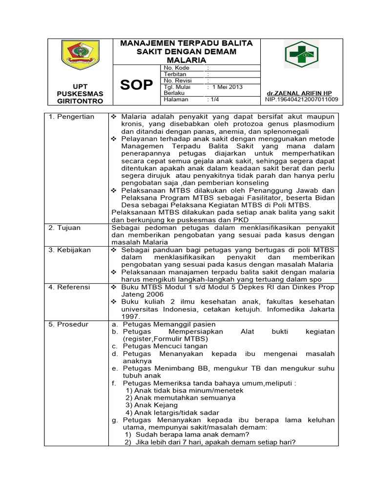 7.2.1d Sop Mtbs Dengan Demam Malaria (Repaired) | PDF | Kesehatan Holistik