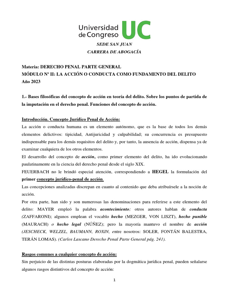 Módulo N° II LA ACCIÓN O CONDUCTA COMO FUNDAMENTO DEL DELITO DP PG 2023 | PDF | Derecho penal ...