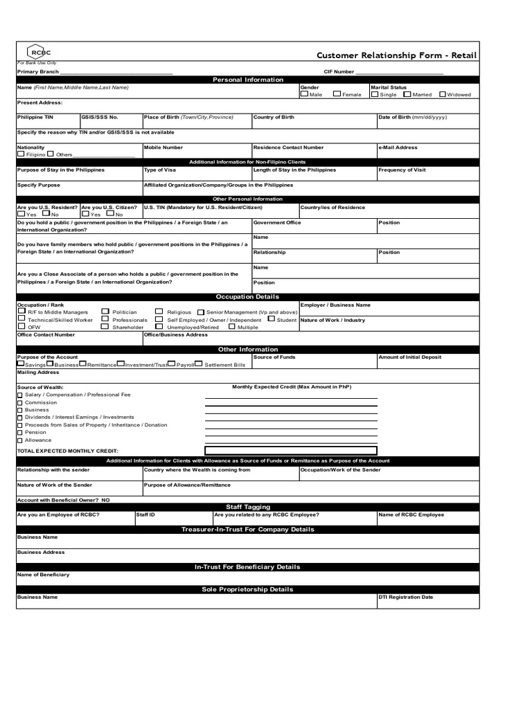 RCBC Account Opening Form | PDF | Banks | Debit Card