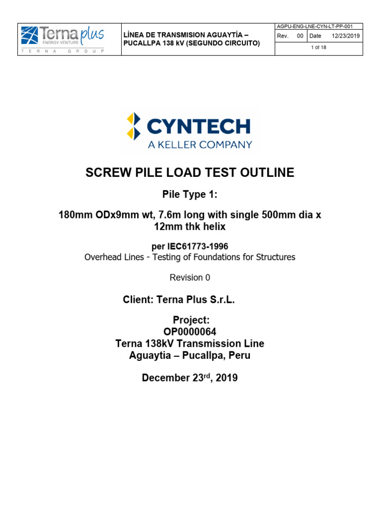 Pile Type 1 - Screw Pile Load Test Outline (Terna) | PDF | Deep ...