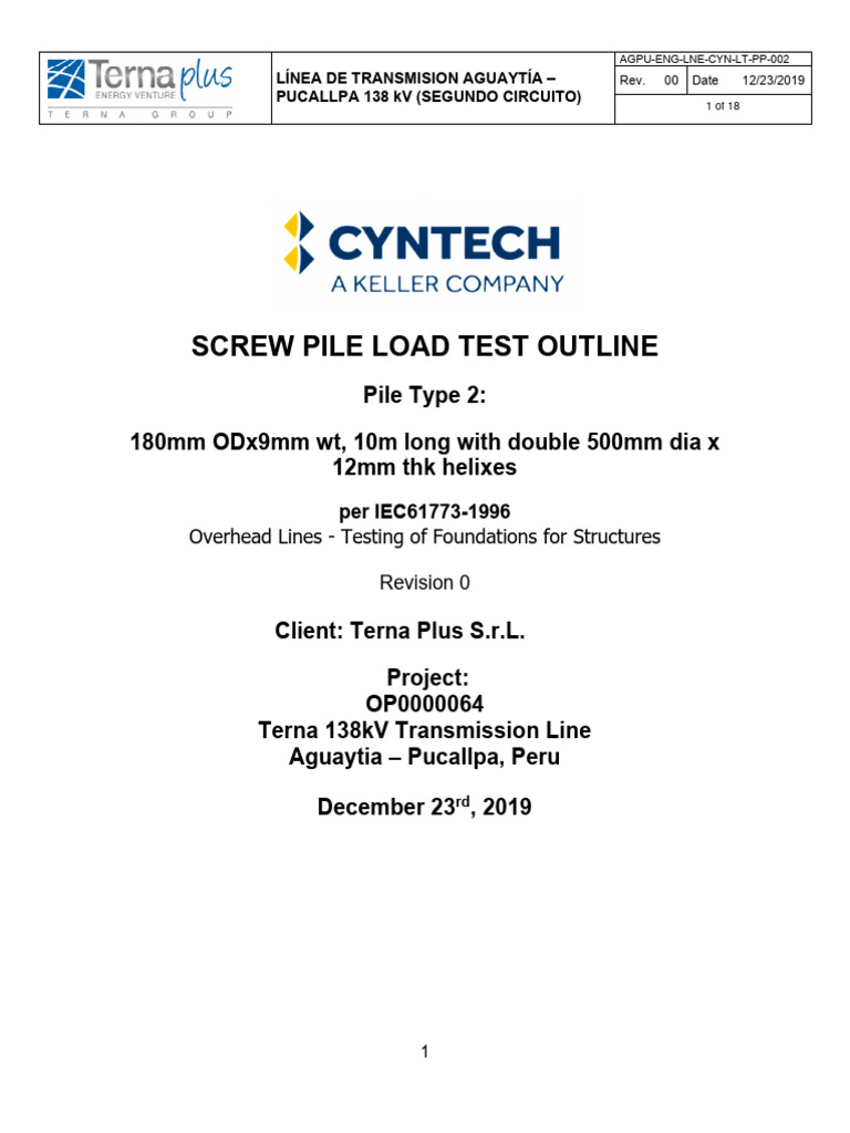 Pile Type 2 - Screw Pile Load Test Outline (Terna) | PDF | Deep ...
