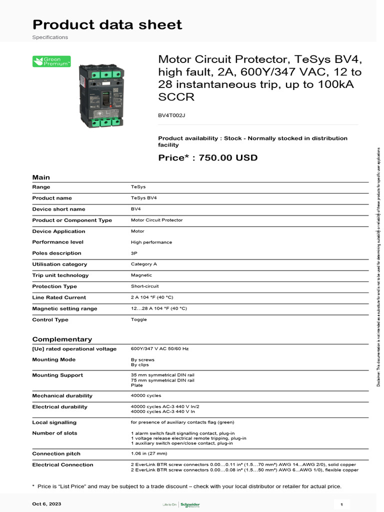 TeSys BV4 Motor Circuit Protectors - BV4T002J | PDF | Electrical ...