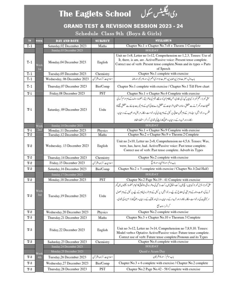 Test Schedule Class 9th Final 2024-1 | PDF | Verb | Linguistic Morphology
