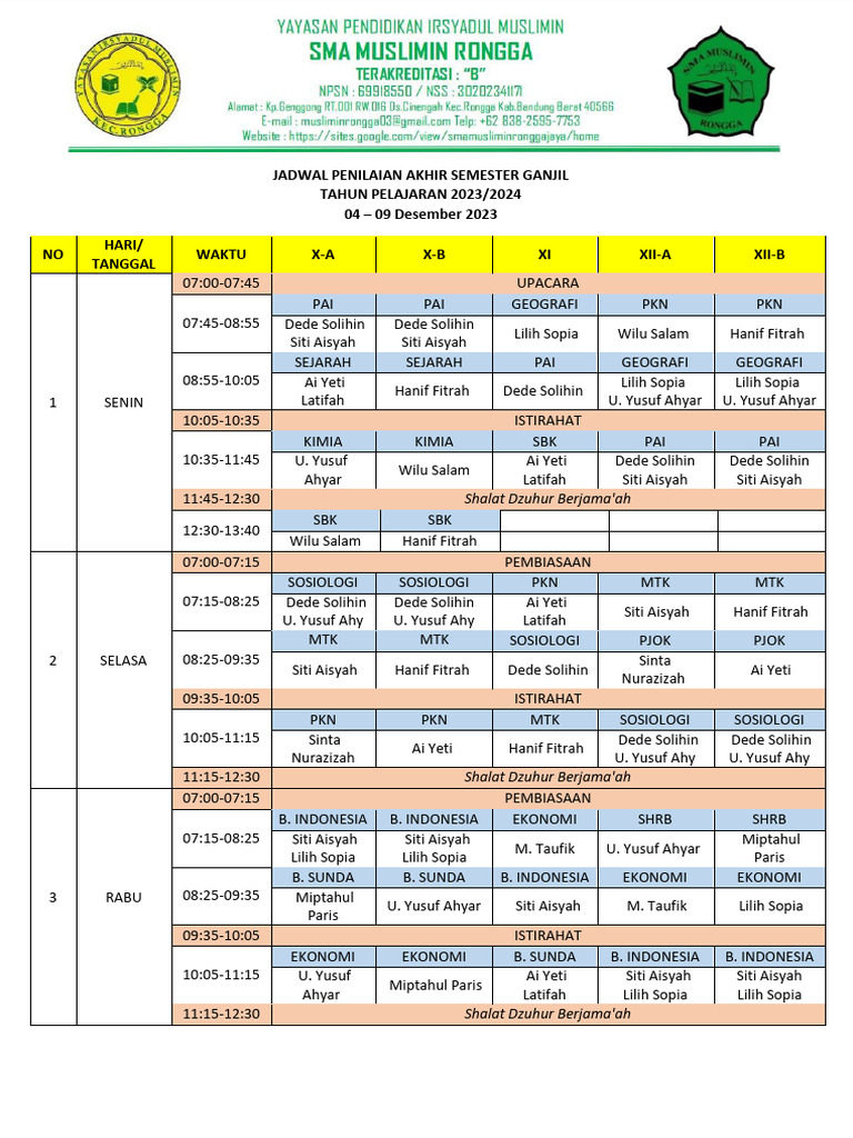 Jadwal Ujian Dan Pengawas Ujian | PDF