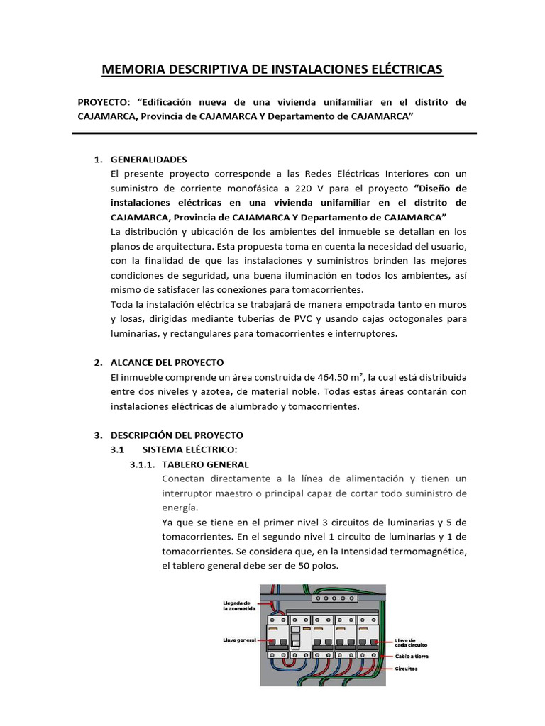 MEMORIA DESCRIPTIVA DE INSTALACIONES ELÉCTRICAS | PDF | Corriente eléctrica | Ingenieria Eléctrica