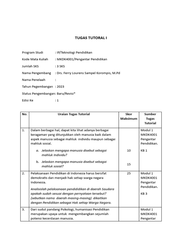 Jawaban Tugas 1-Pengantar Pendidikan-Alfina Nur KH-857614478 | PDF