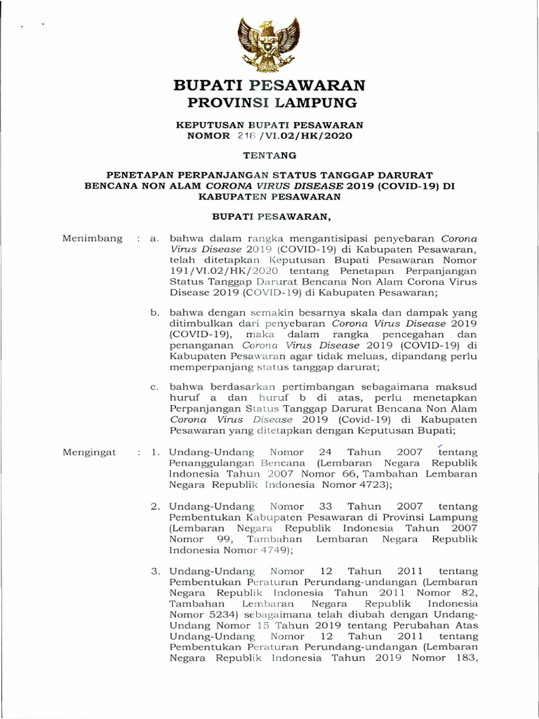 SK Penetapan Perpanjangan Status Tanggap Darurat Bencana Non Alam | PDF