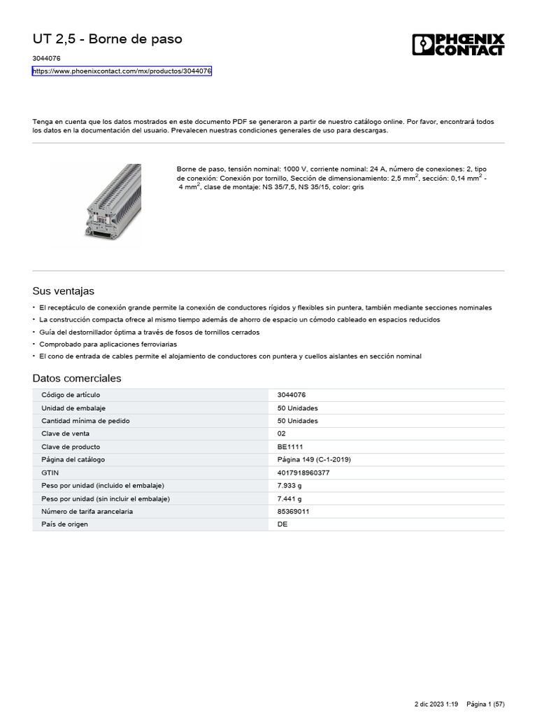 Borne de Paso UT 2,5: Especificaciones y Ventajas | PDF | Tornillo ...